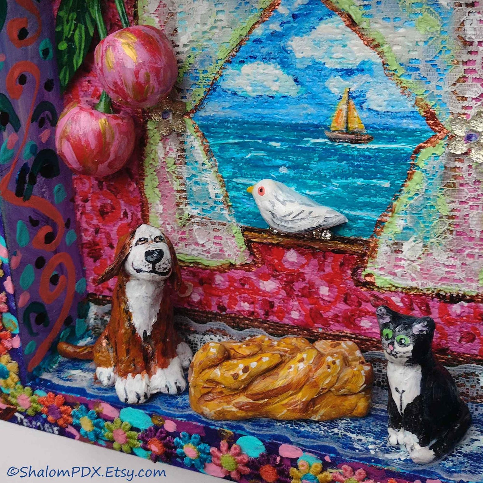 Hand-painted Dog & Cat Diorama – Wooden Shadow Box With Challah ...