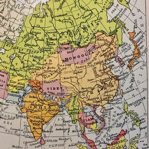 Vintage 1950 ASIA Continent Map, for Framing- Junk Journals ...