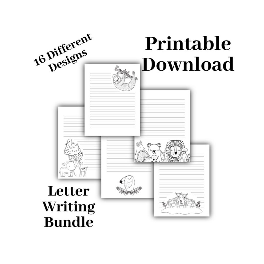 Kids Printable Letter Writing Paper: Black and White Animals (digital ...