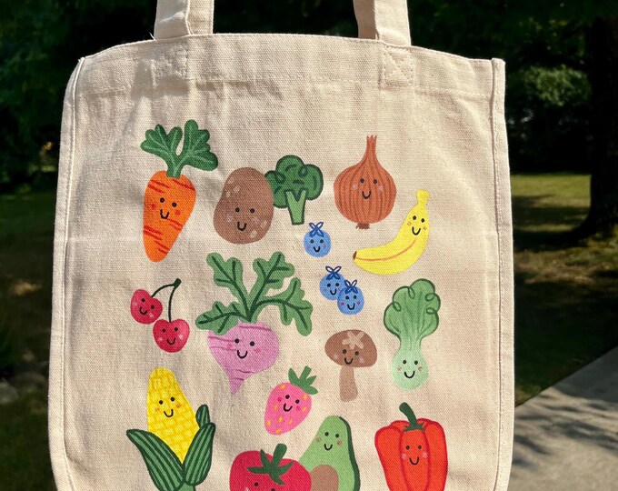 Tote Bag W/ Pockets, Fruits and Vegetables, Painted Tote - Etsy