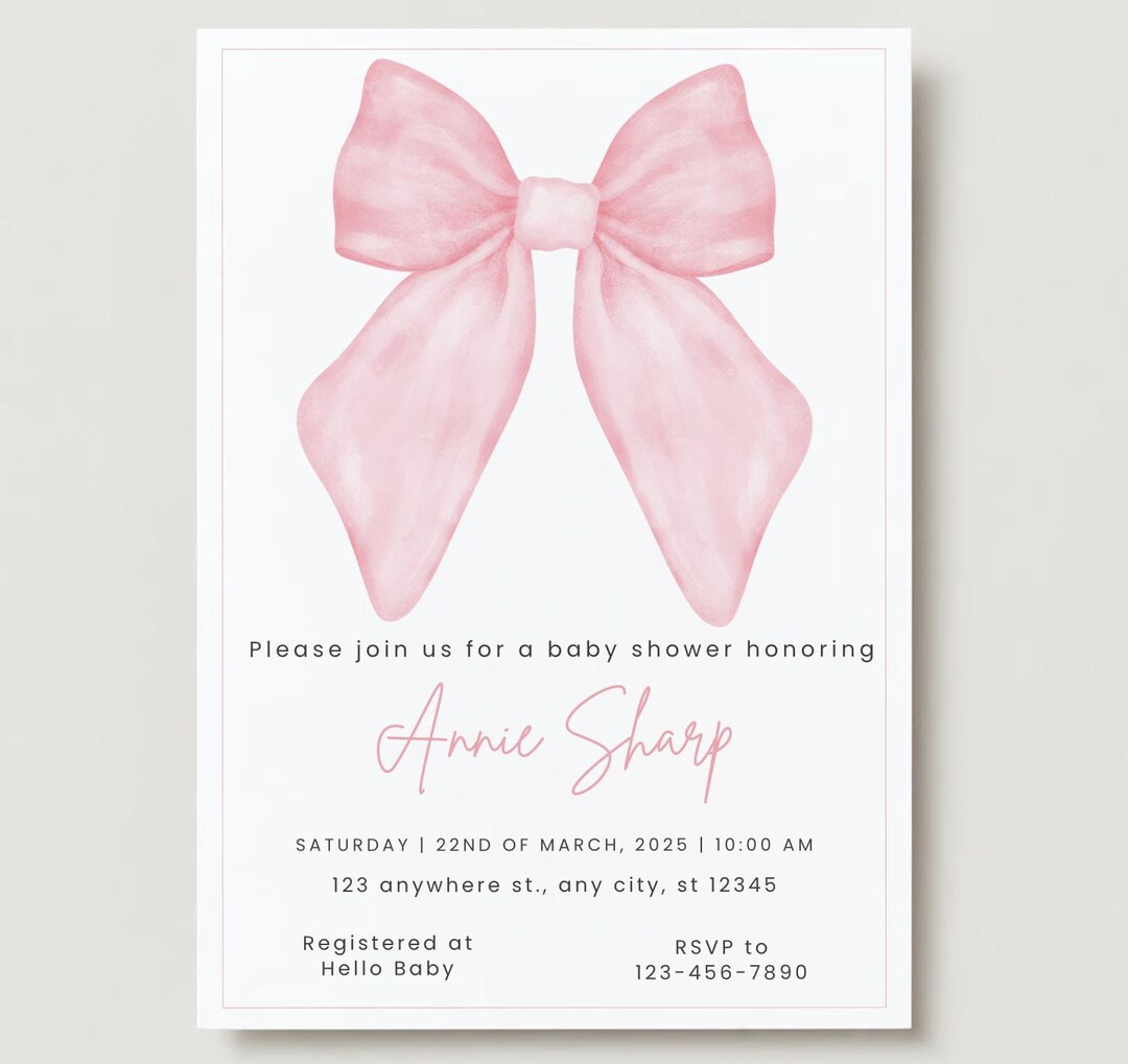Baby Girl Pink Bow Baby Shower Invitation Template - Etsy