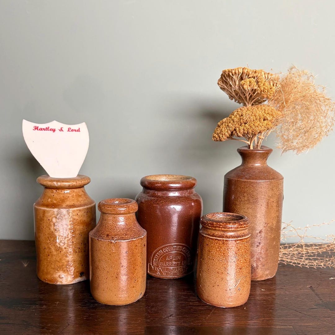 Victorian Stoneware Pots, Rustic Farmhouse Kitchen Decor, Vintage Brown ...