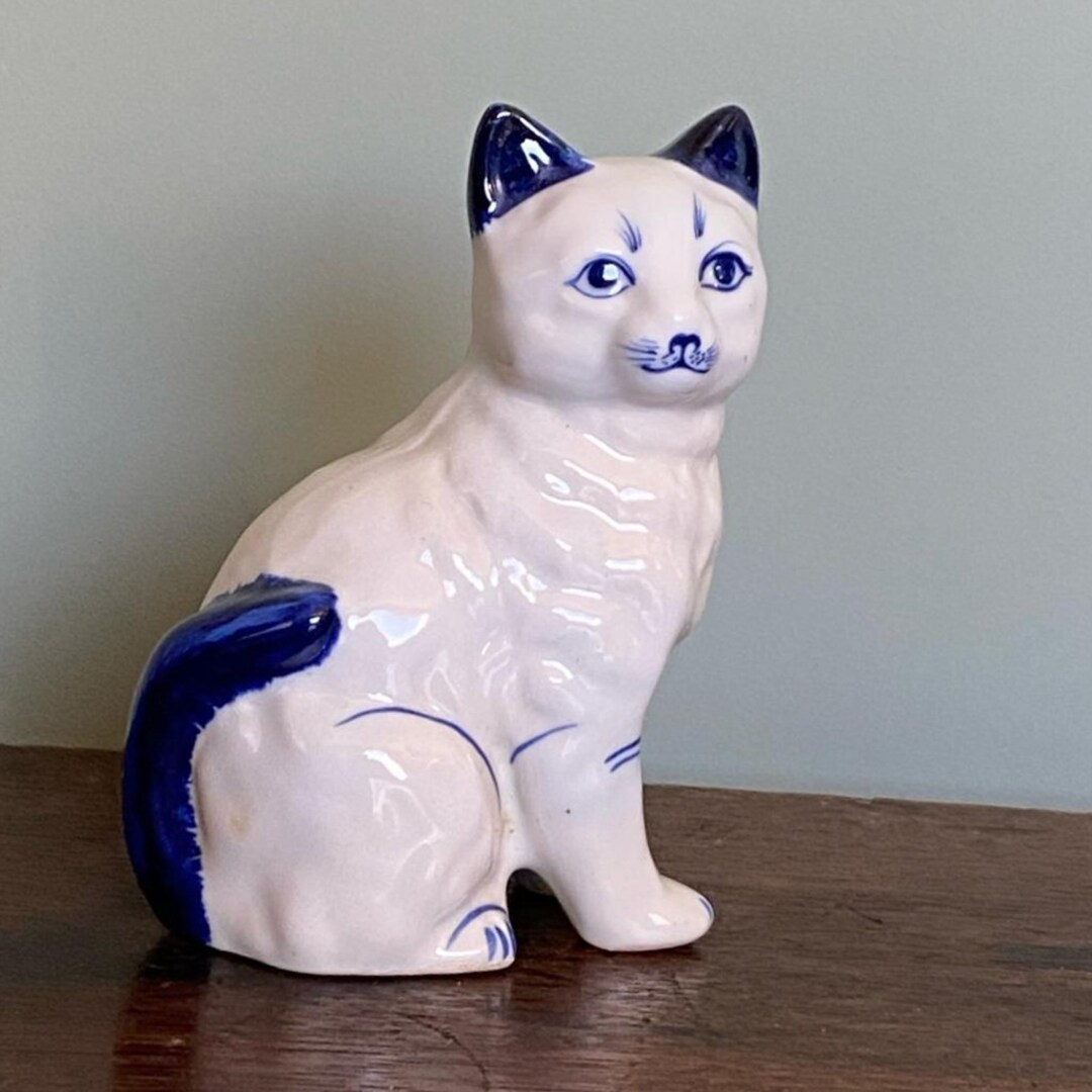 Vintage Cat Ornament, Blue and White Cat Statue, Gift for Cat Lover - Etsy