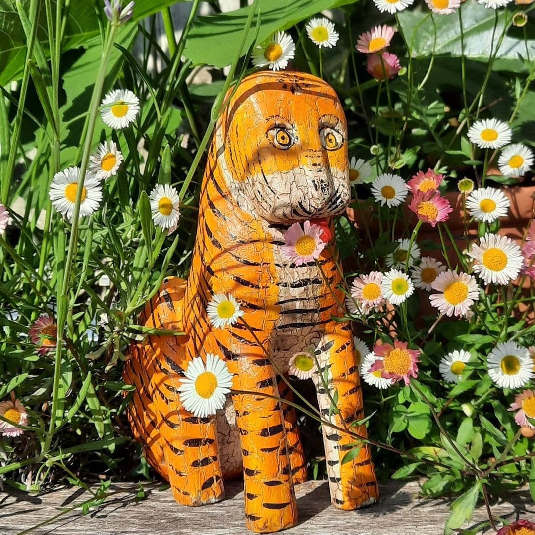 Vintage Tiger, Hand Carved Wooden Indian Tiger, Orange and Black Rustic ...