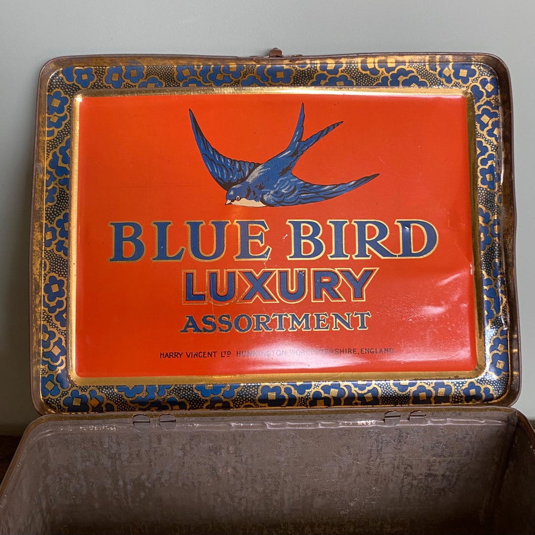 Vintage Storage Tin With Blue Bird Toffee Advertising, Chinoiserie ...