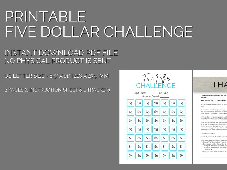 Imprimible Five Dollar Challenge Tracker 8 5x11 Descarga Instantánea