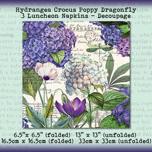 3 Hydrangea Crocus Poppy Purple Blue Green Dragonfly Botanical Floral ...