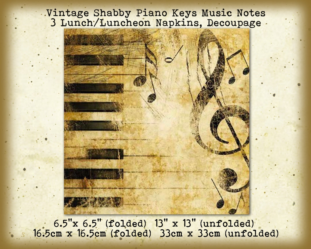 3 Shabby Chic Piano Vintage Musical Notes G Clef 6.5" Lunch Luncheon ...