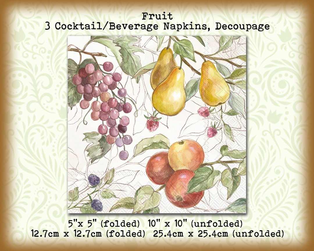 3 Botanical Fruit Apples Pears Grapes Berries Trees Tree 5" Cocktail ...