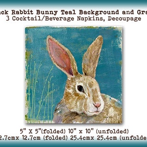 3 Jack Rabbit Bunny Teal Cocktail Beverage Napkins - Collage Decoupage ...