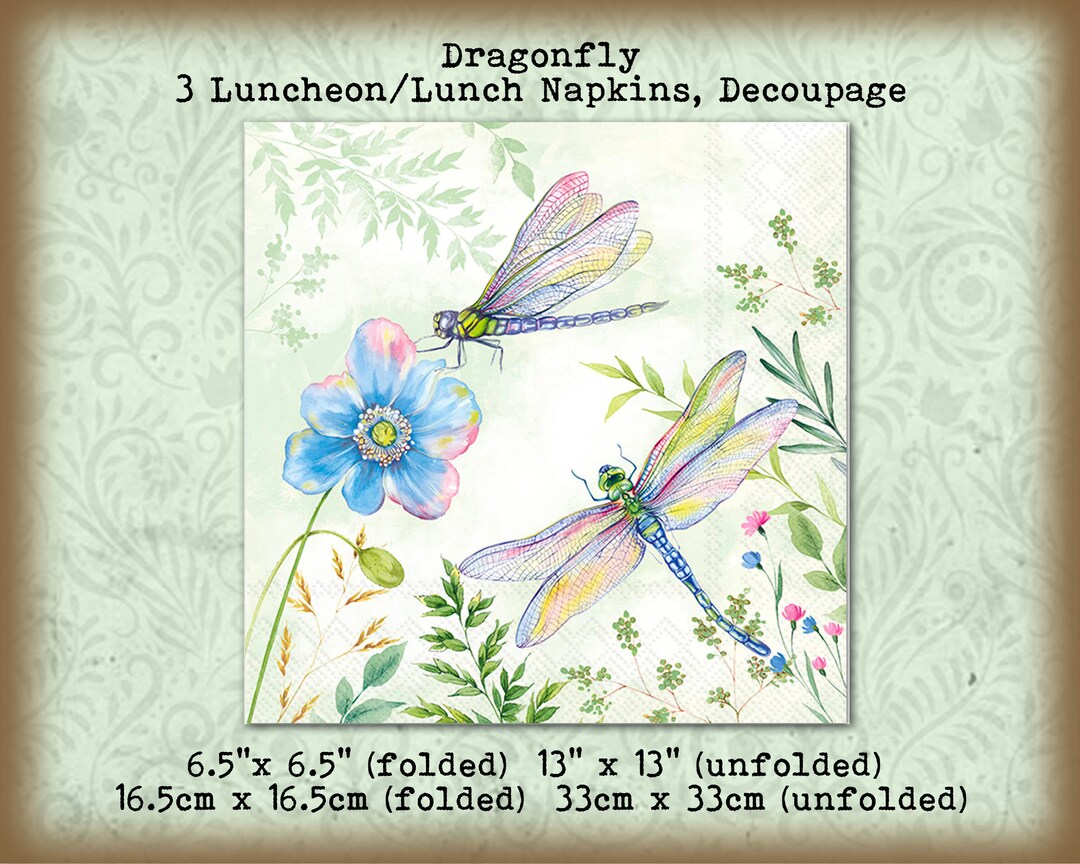3 Dragonfly Dragonflies Green Floral 6.5" Luncheon Lunch Napkins Decoupage Tissue - Etsy