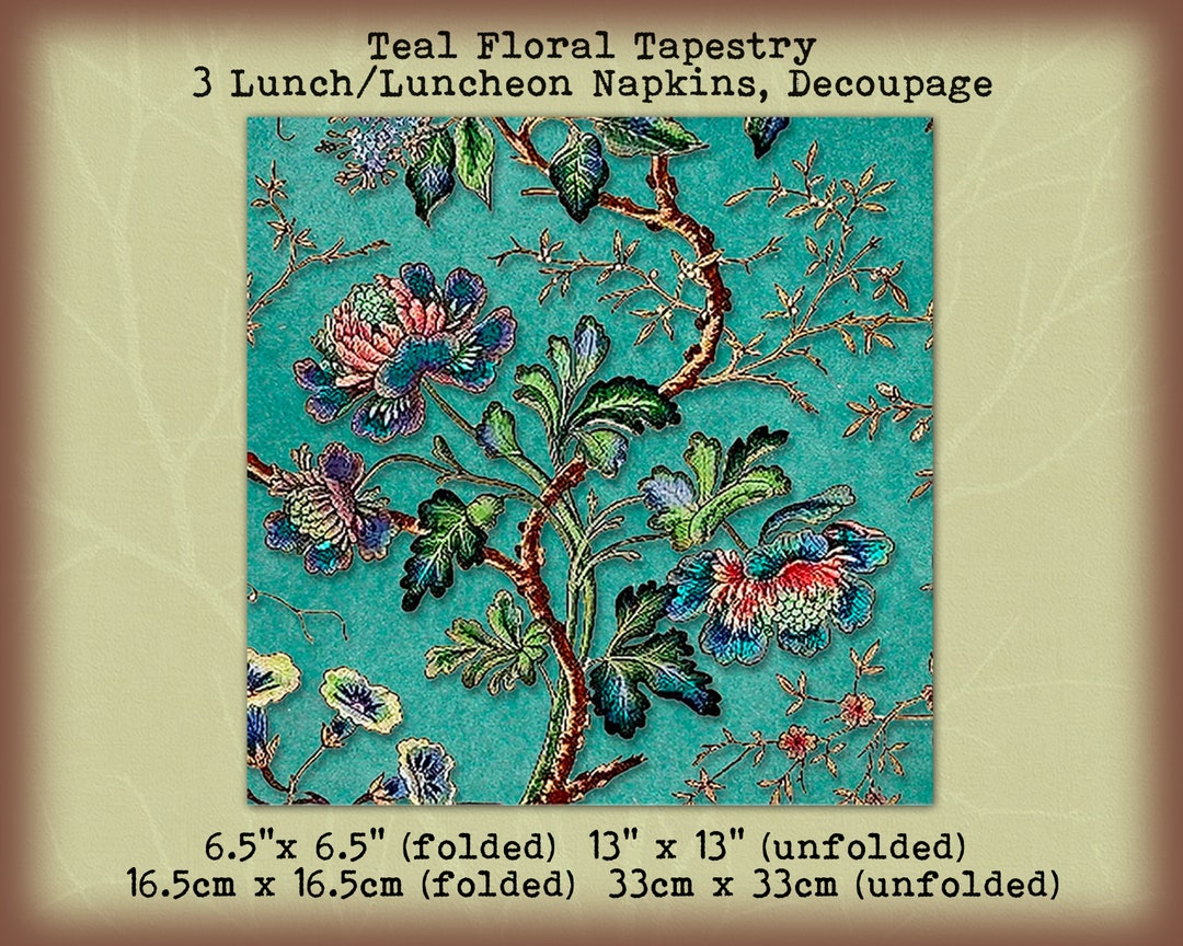 3 Teal Embroidery Floral Tapestry Flowers Flower Lunch Luncheon 6.5 ...