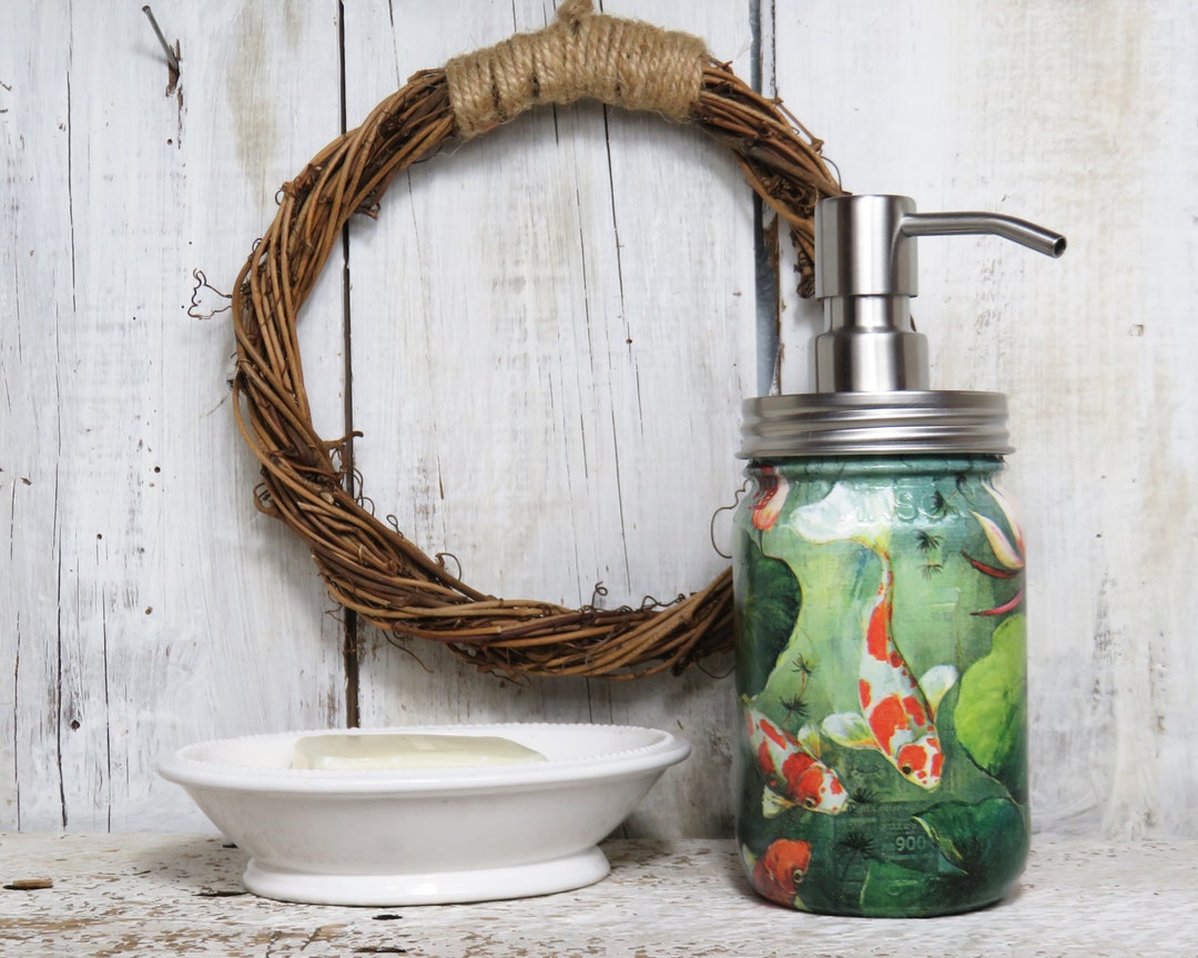 Oriental Koi Orange White Fish Green Mason Jar Decoupage Soap Lotion ...