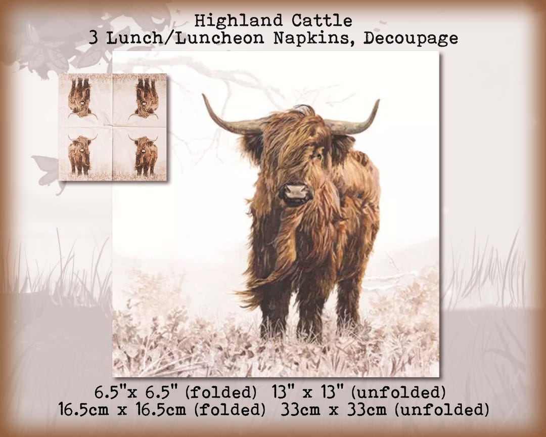 3 Highland Cattle Highlander 6.5" Lunch Luncheon Napkins Decoupage ...