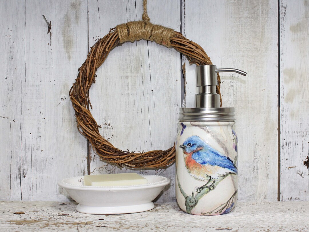 Bluebird Blue Bird Berries Decoupage Square Mason Jar Soap Lotion ...