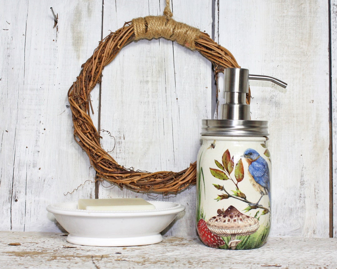 Bluebird Woodland Mushroom Fern Moss Mason Jar Soap Lotion Dispenser ...