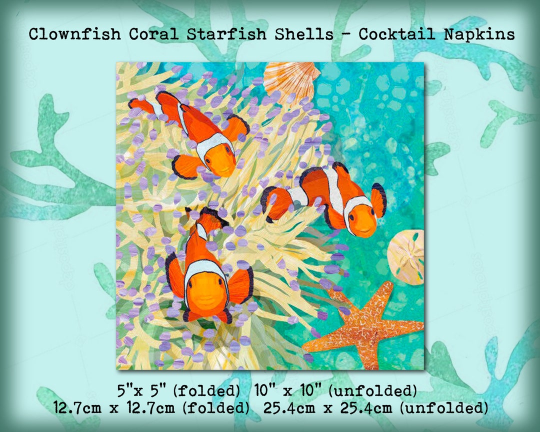 3 Clownfish Coral Starfish Sand Dollar Sanddollar Scallop Shells 5" Cocktail Beverage Napkins ...
