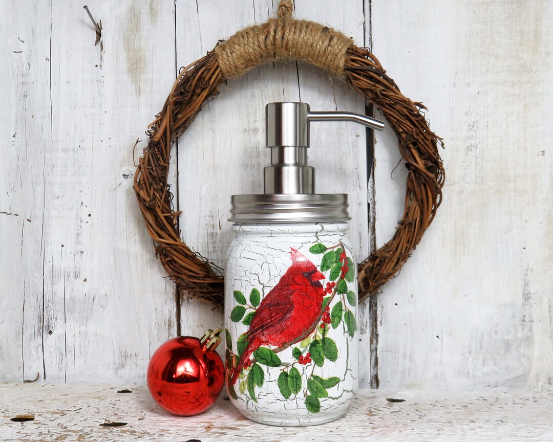 Crackle Red Cardinal Holiday Christmas Mason Jar Soap Lotion Dispenser ...