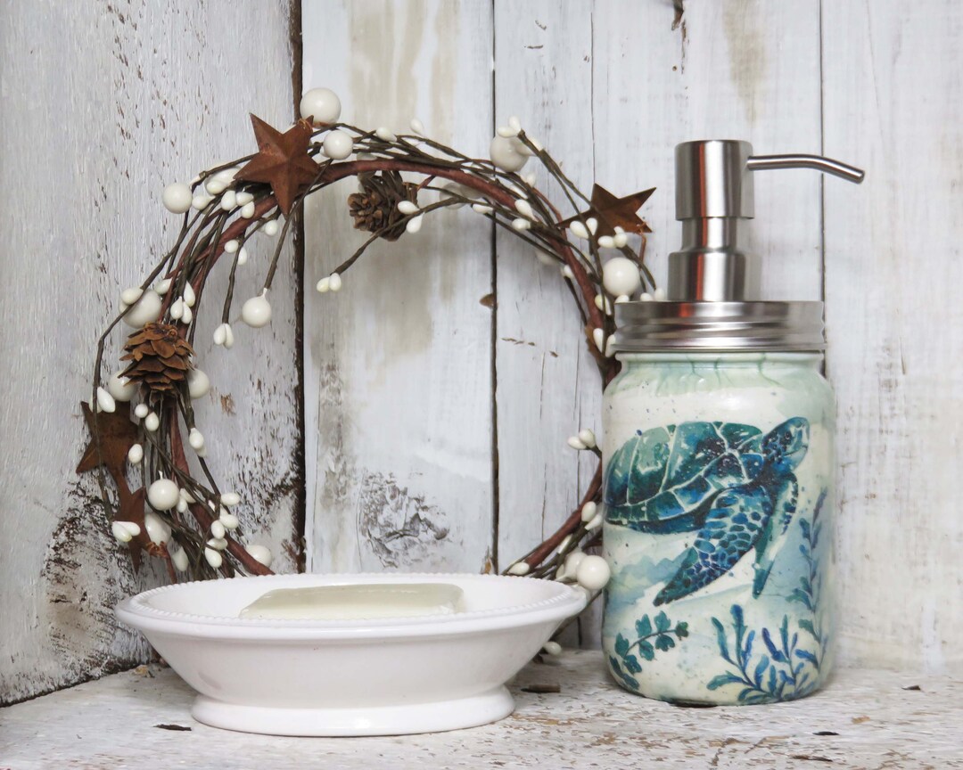 Green and Blue Sea Turtle Handmade Decoupage Square Mason Jar Soap ...