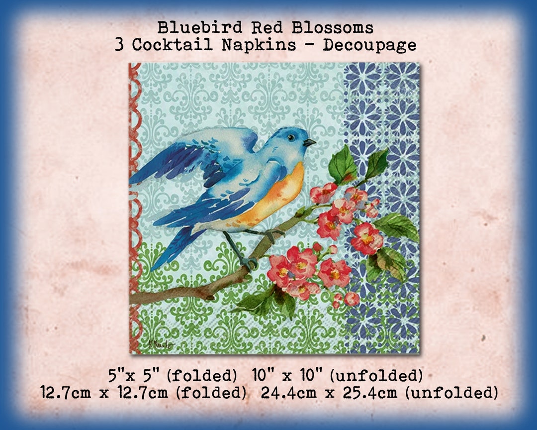3 Bluebird Blue Bird Red Cherry Blossom Branch 5" Cocktail Beverage ...