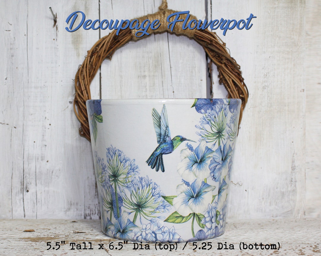 Blue Green Hibiscus Hummingbird Decoupage Terra Cotta Flowerpot Flower ...