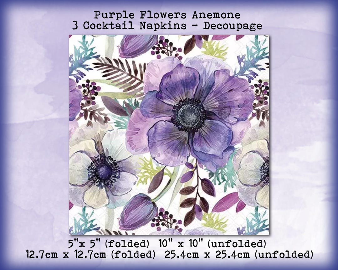 3 Purple Anemone Anemones Flower Flowers Floral 5" Cocktail Beverage ...