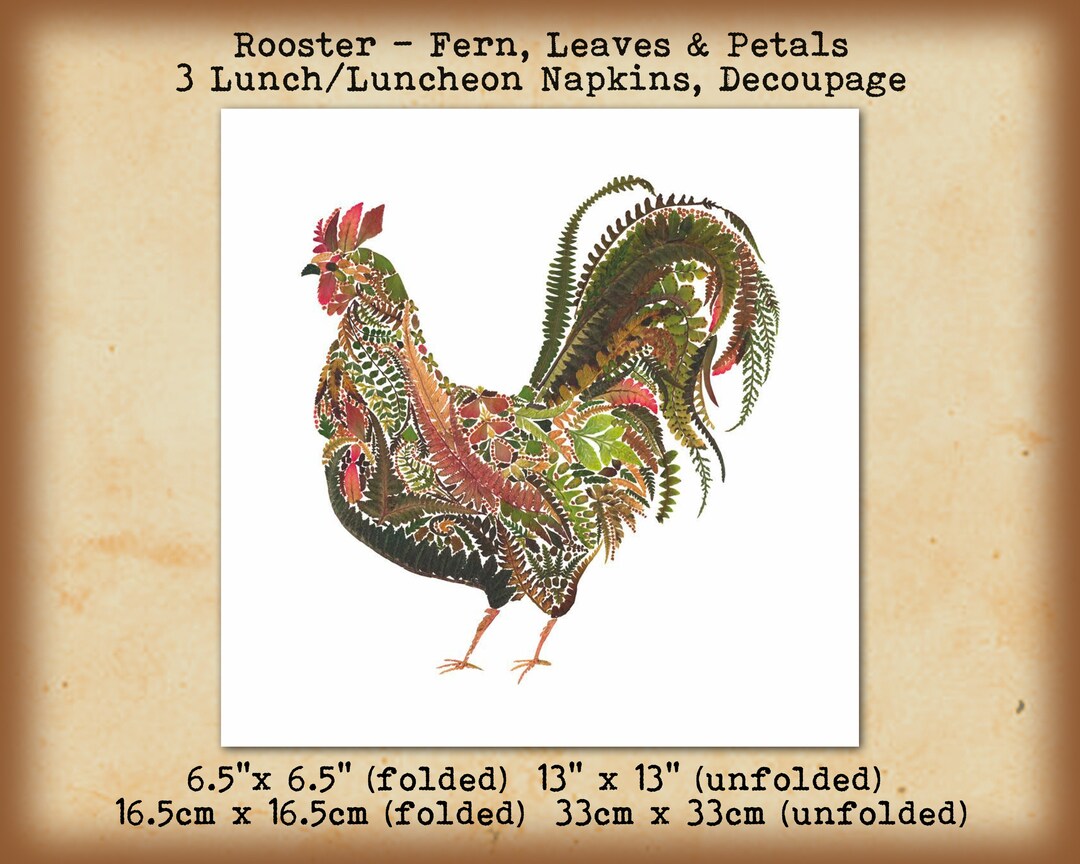 3 Rooster Fern Leaf Leaves Farm Animal 6.5" Luncheon Lunch Napkins ...