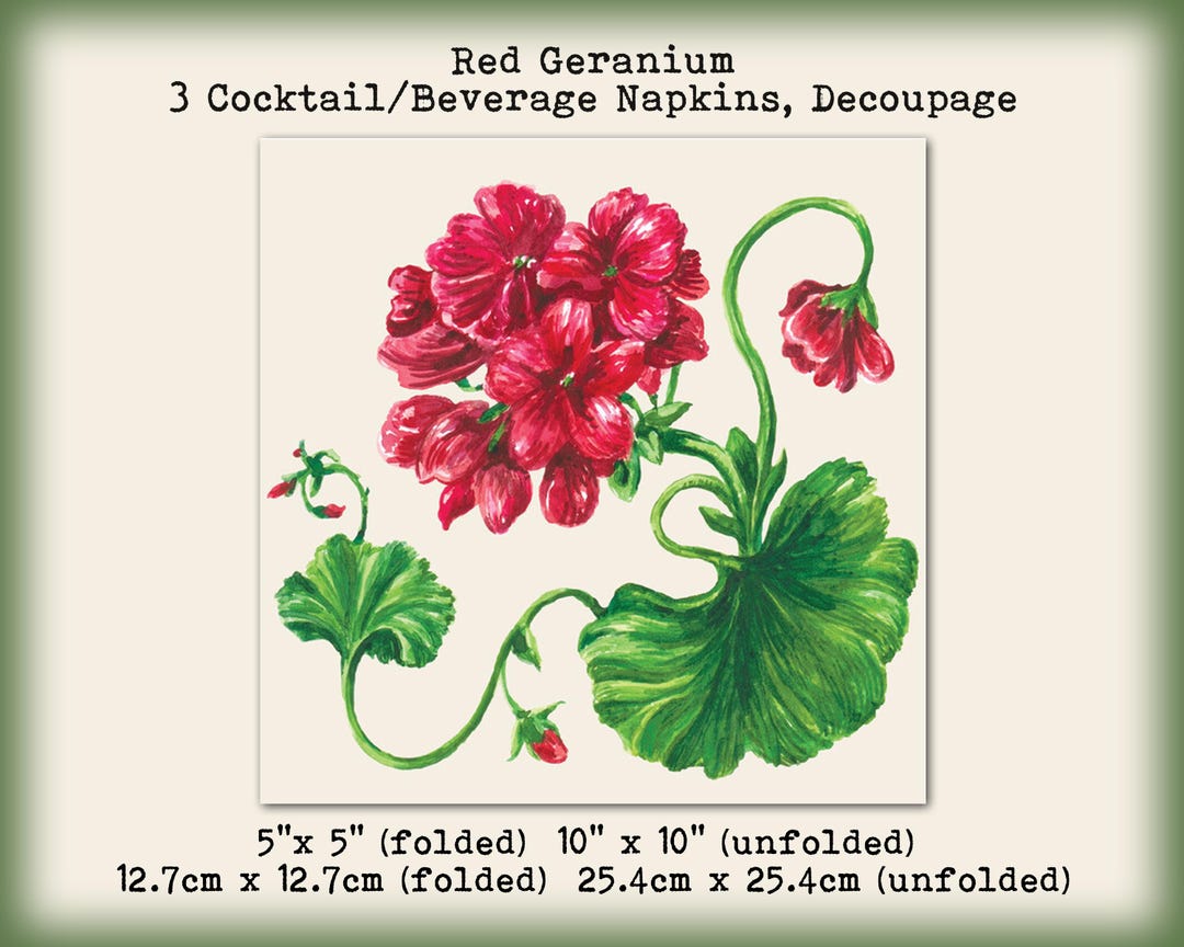 3 Red Geranium Geraniums Cocktail Beverage 5" Napkins - Collage ...