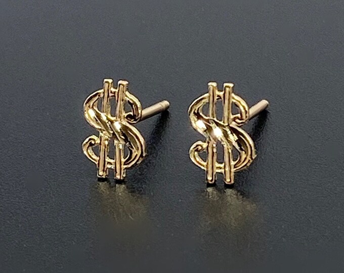 14K Solid Gold Stud, Gold Dollar Sign Earring, Money Sign Earrings ...