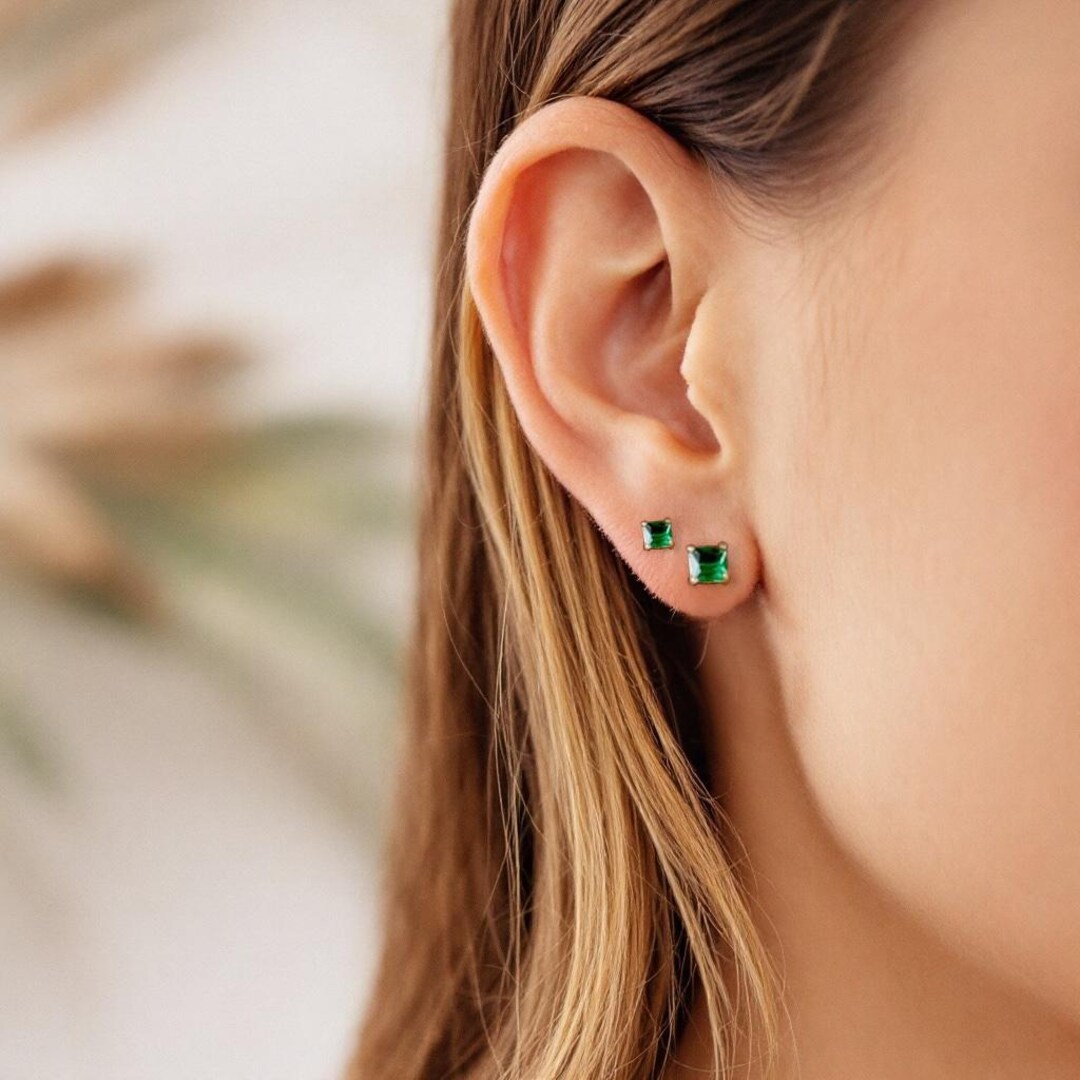 14k Square Emerald Earrings, 14k Gold Princess Cut Emerald Earrings, Green Gemstone Jewelry, May ...