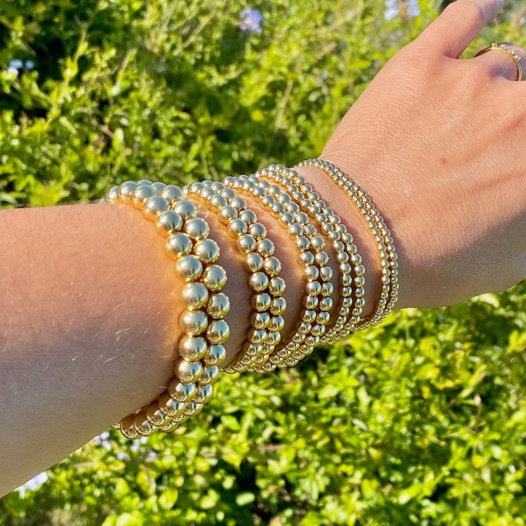 14K Gold Plated Beaded Bracelets, Stretchy Stackable Gold Bracelets ...