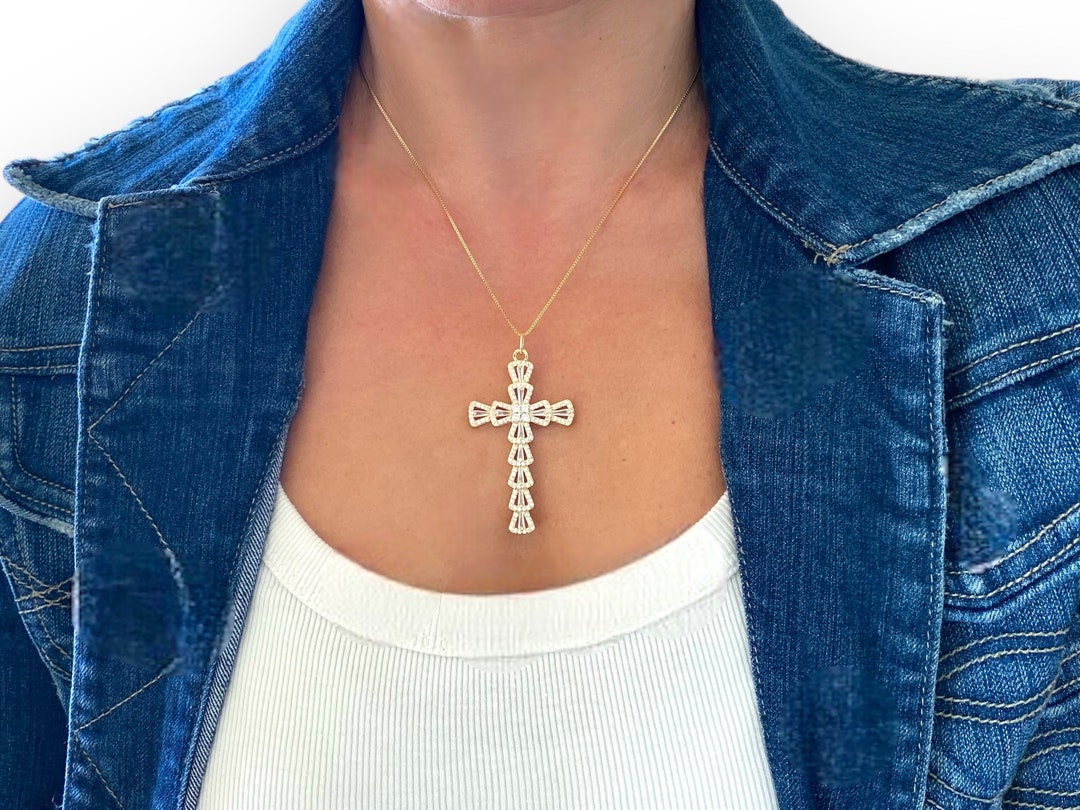 Large Gold Cross Necklace, CZ Diamond Cross Pendant, Extra Large Gold ...