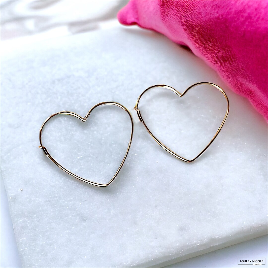 Heart Hoops, Gold Wire Heart Earrings, 14K Gold Filled Earrings ...