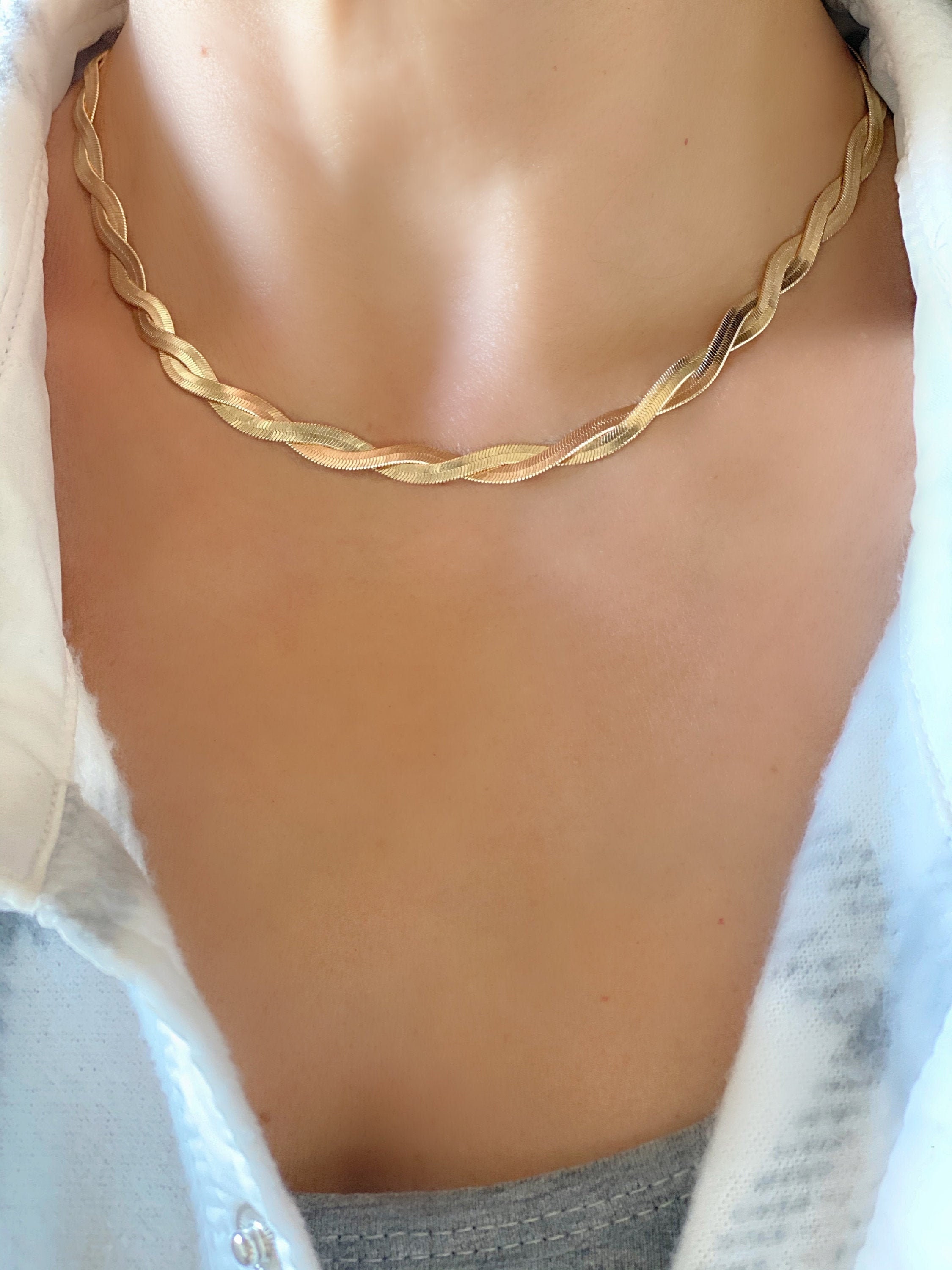Herringbone Necklace Braided Gold Herringbone Choker Gold Filled Herringbone Twisted Snake Chain Double Braid Necklace Women s Necklace