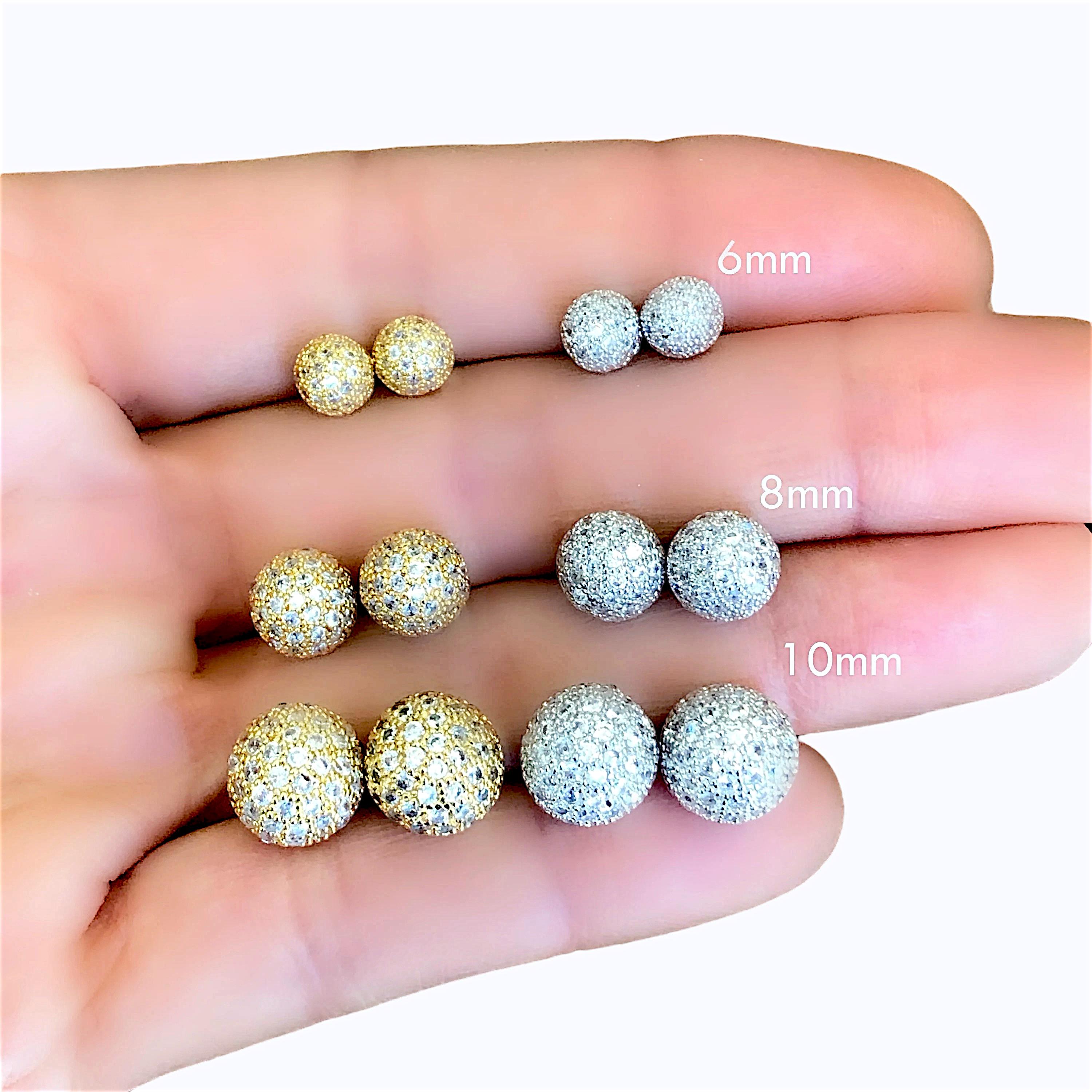 Gold Pave Ball Stud Earrings | 14K Gold Plated CZ Diamond Sparkle Studs ...