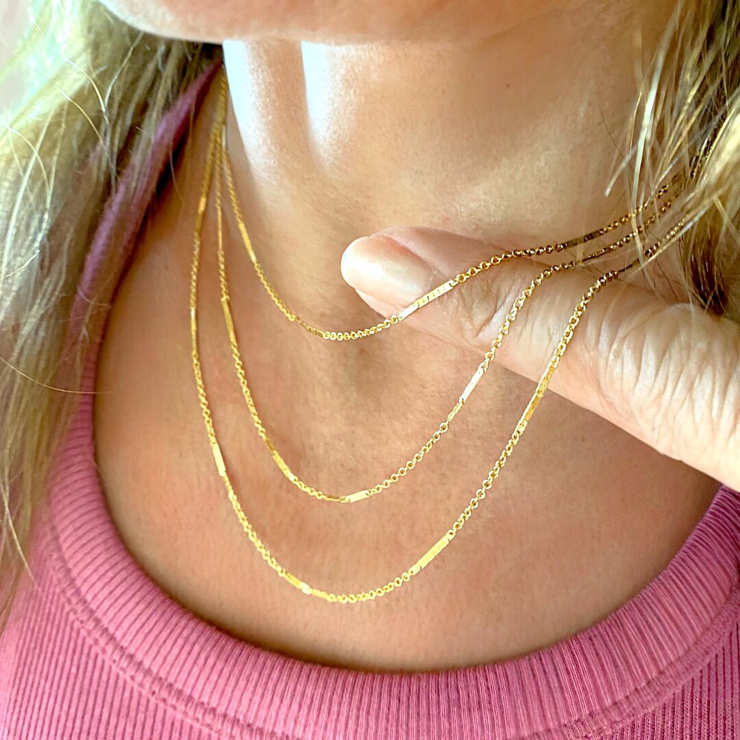 Gold Bar Link Chain Necklace, 14K Gold-filled Flat Bar Station Chain ...
