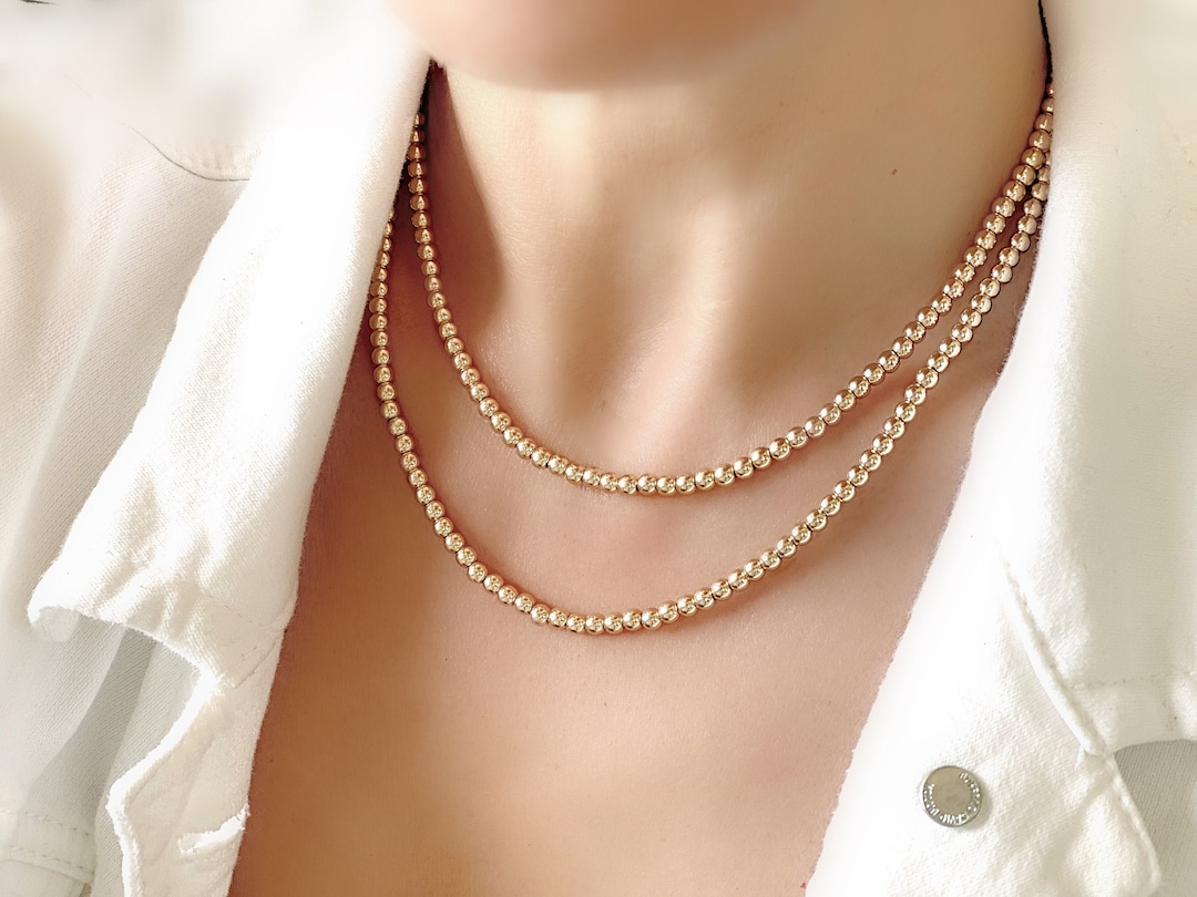 Gold Bead Necklace, Beaded Gold Chain Necklace, Small Gold Bead ...