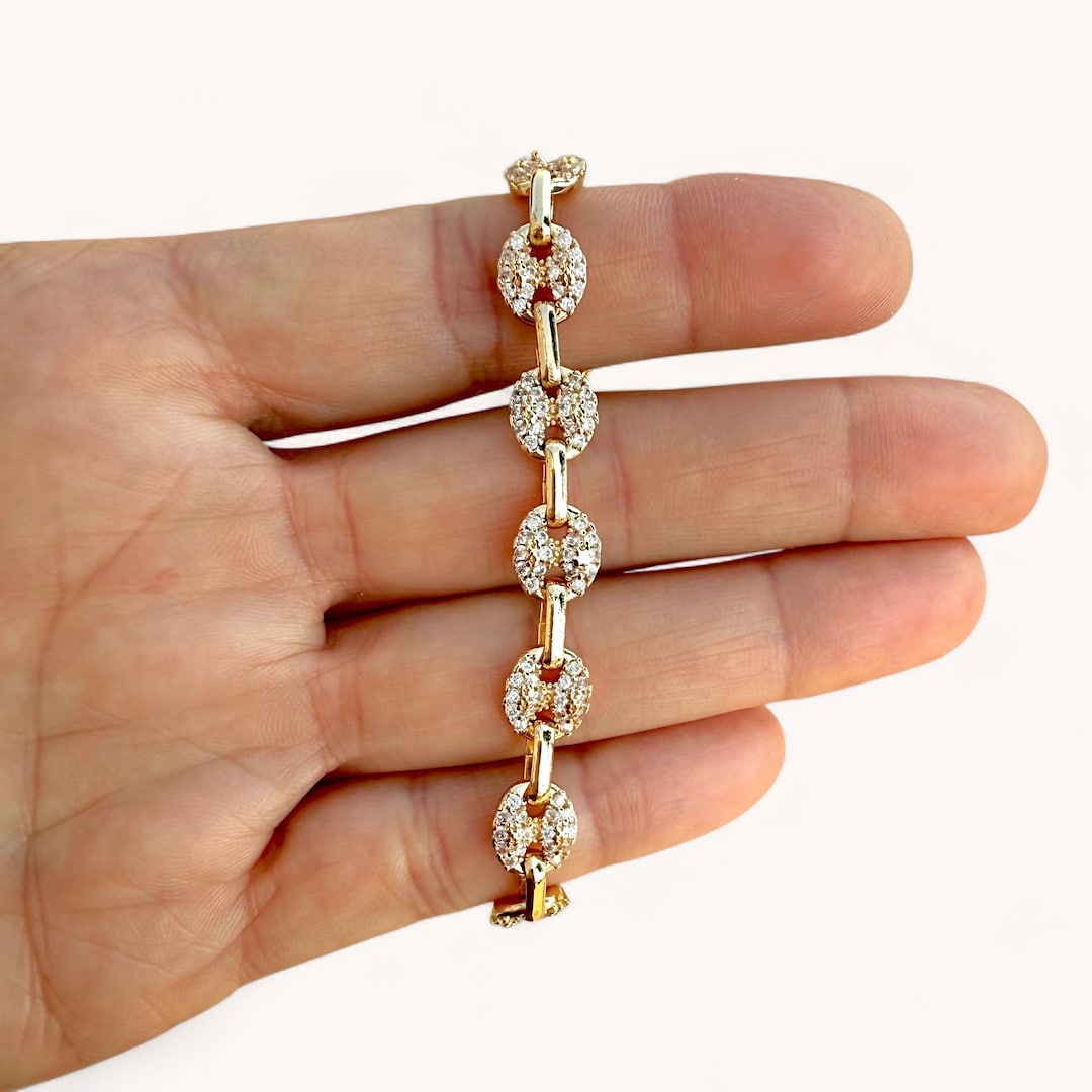 CZ Pavé Puffed Mariner Chain Bracelet: 8mm Gold Plated Bold Anchor Link ...