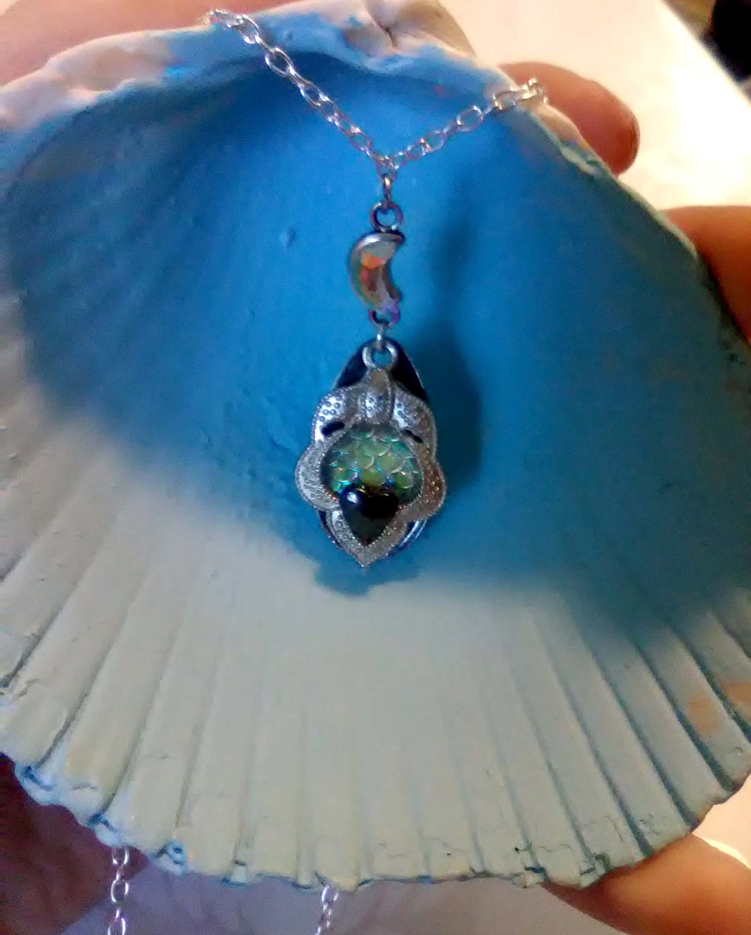 Custom Mermaid Scale Amulet Necklace, Iridescent Resin, CZ Crystal Moon ...