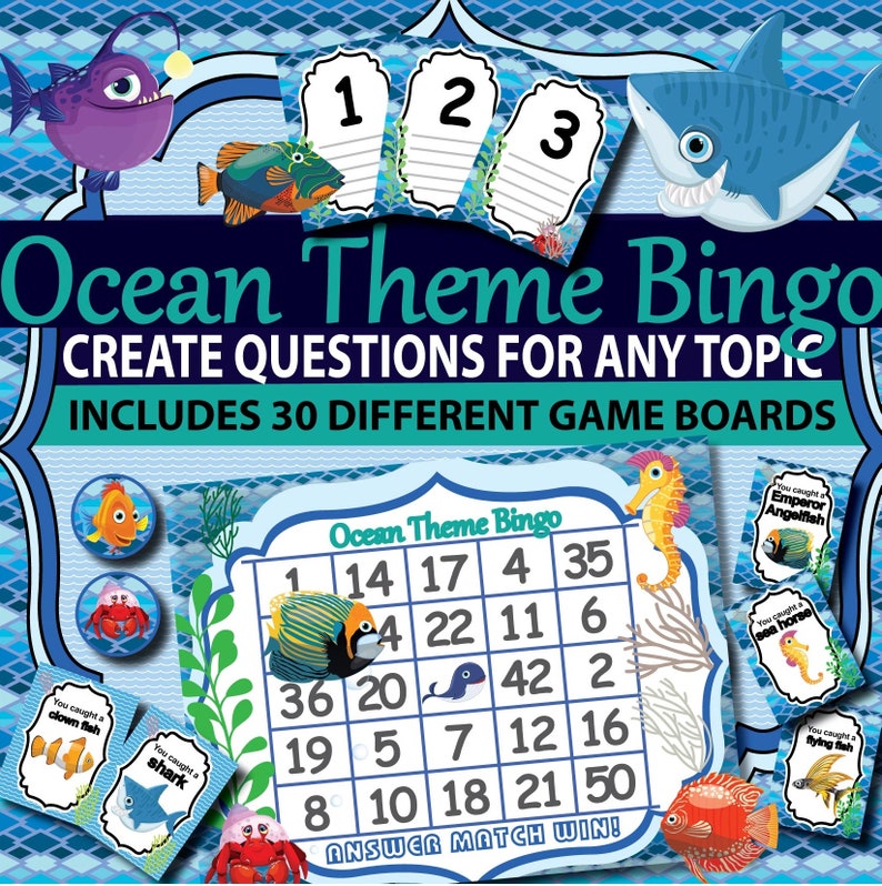 Ocean Theme Bingo, 30 Unique Bingo Cards, Bingo Printable, Under the ...