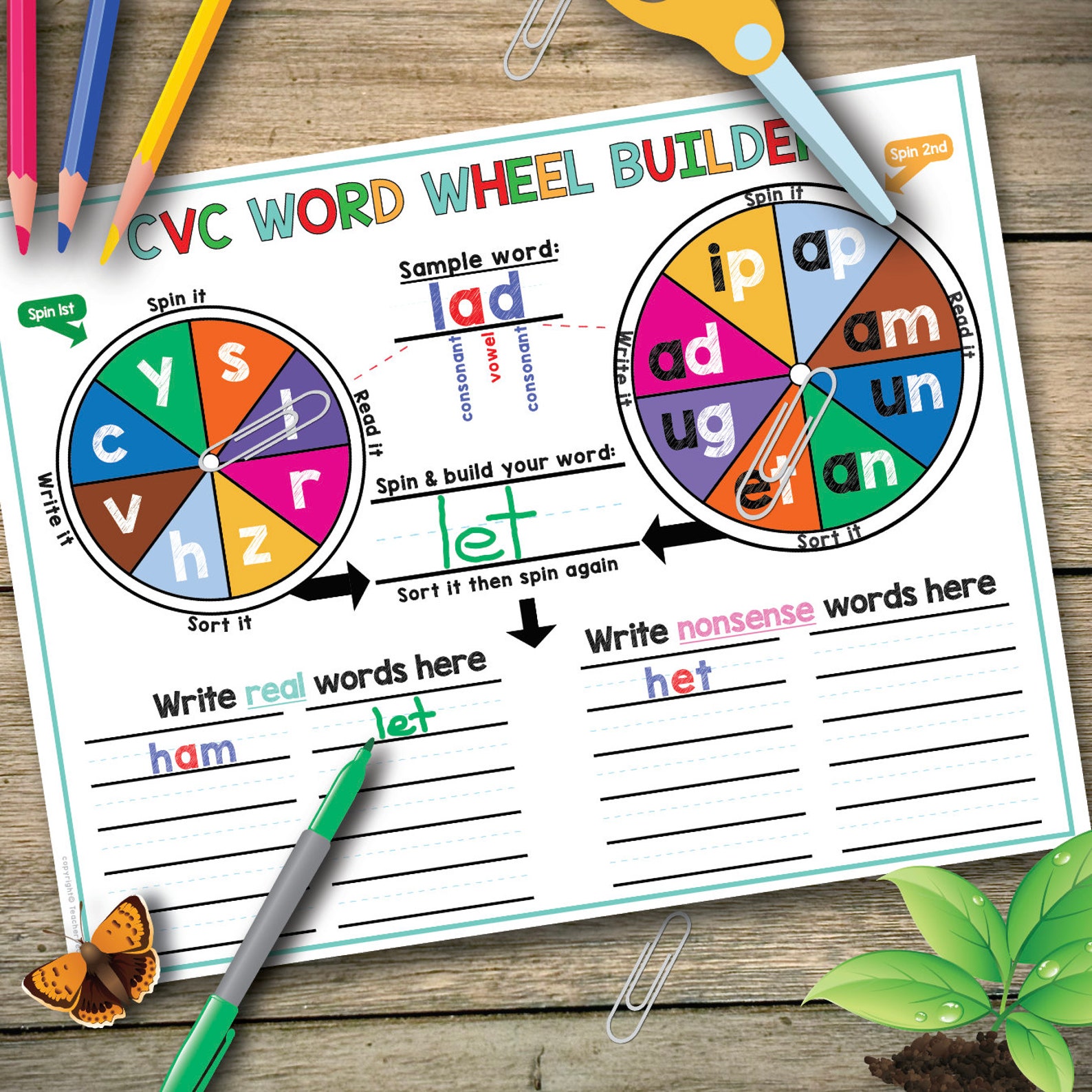 CVC Phonics Wheels for Kindergarten and Homeschool Reading Games ...