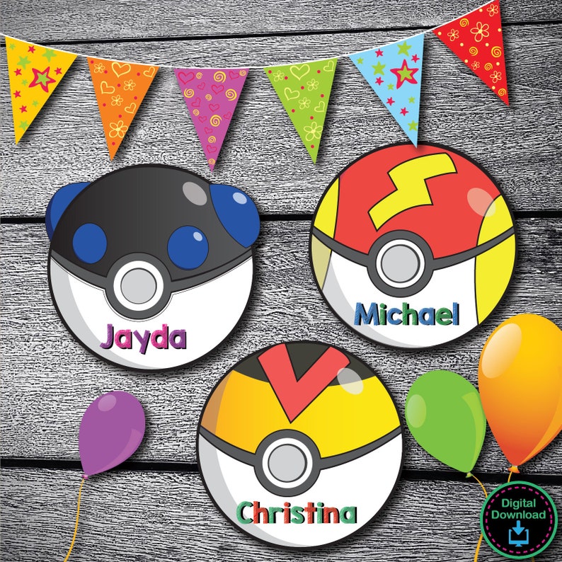 Pokeball Name Tags With Editable Templates, Pokemon Party, Pokemon ...