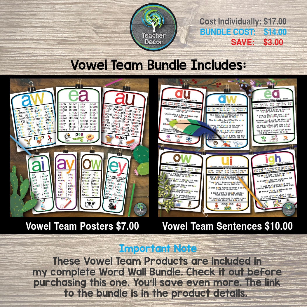 Vowel Team Bundle, Vowel Reading Posters, Vowel Word Wall, Color Coded ...
