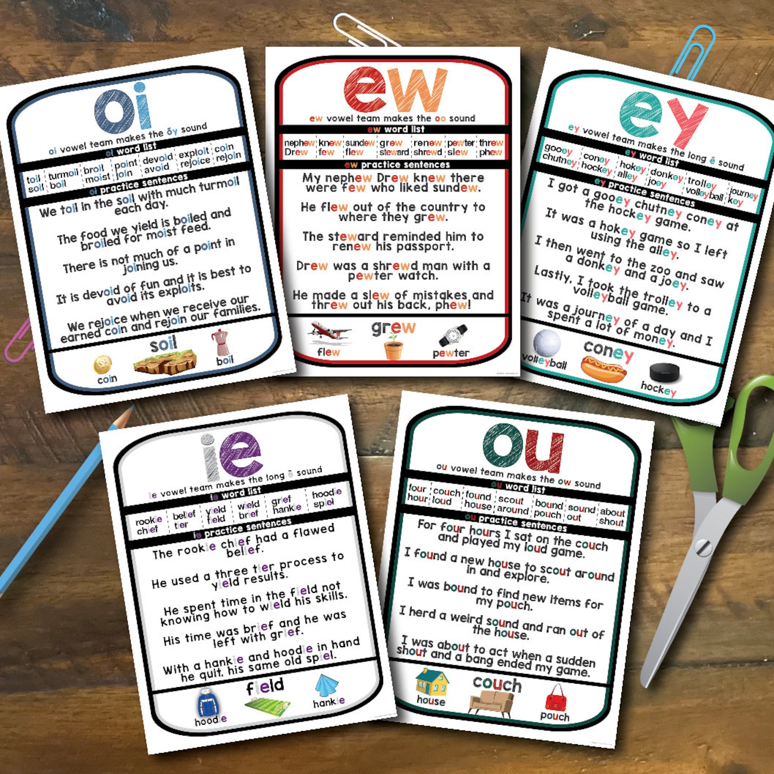 Vowel Team Sentence Reading Posters, Phonics Word Wall, Color Coded ...