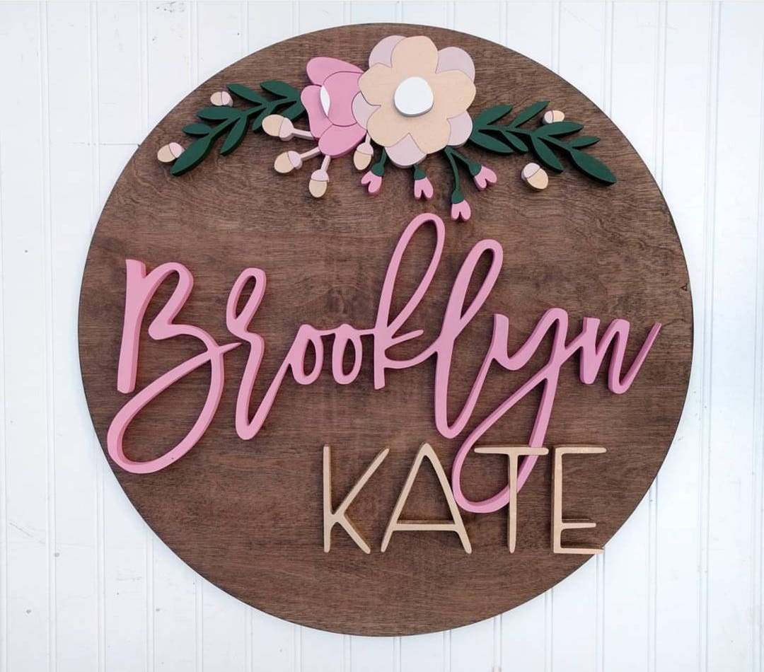30" Round Whimsical Floral Name Wood Sign | Wood Cut Out | Name Cut Out ...