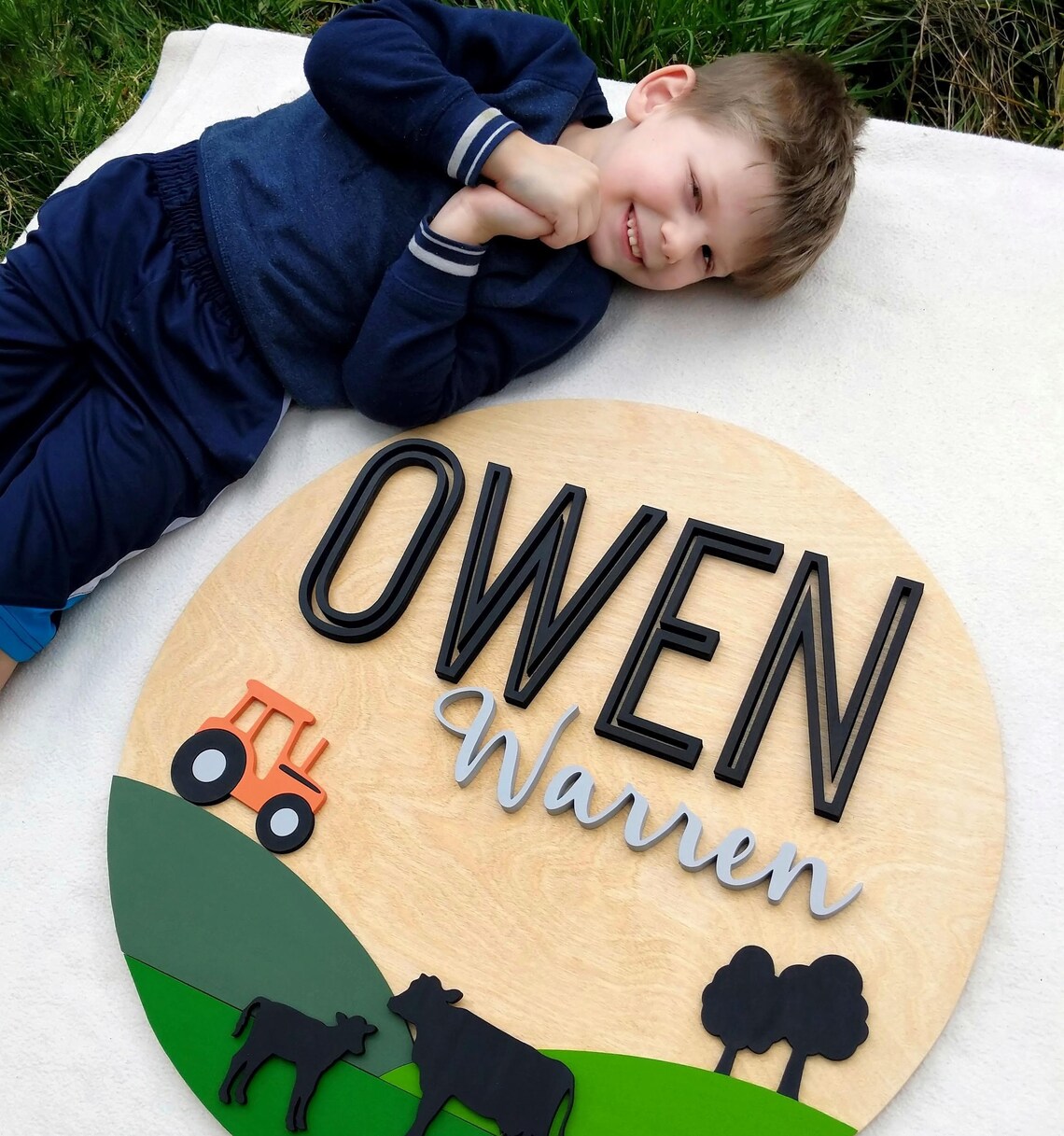 Farm Nursery Name Sign | 18" 24" 30" Wooden Round Personalized Gift ...