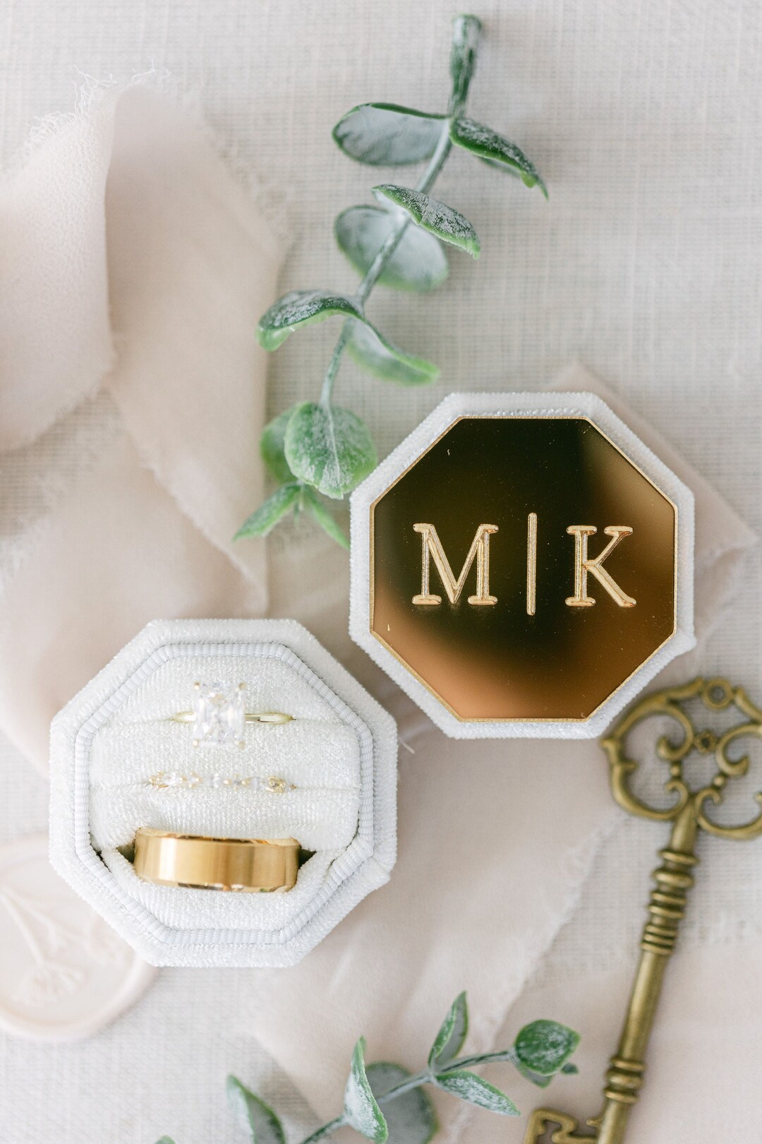 Engraved Gold Mirror Octagon Velvet Ring Box Custom Wedding Ring Box ...