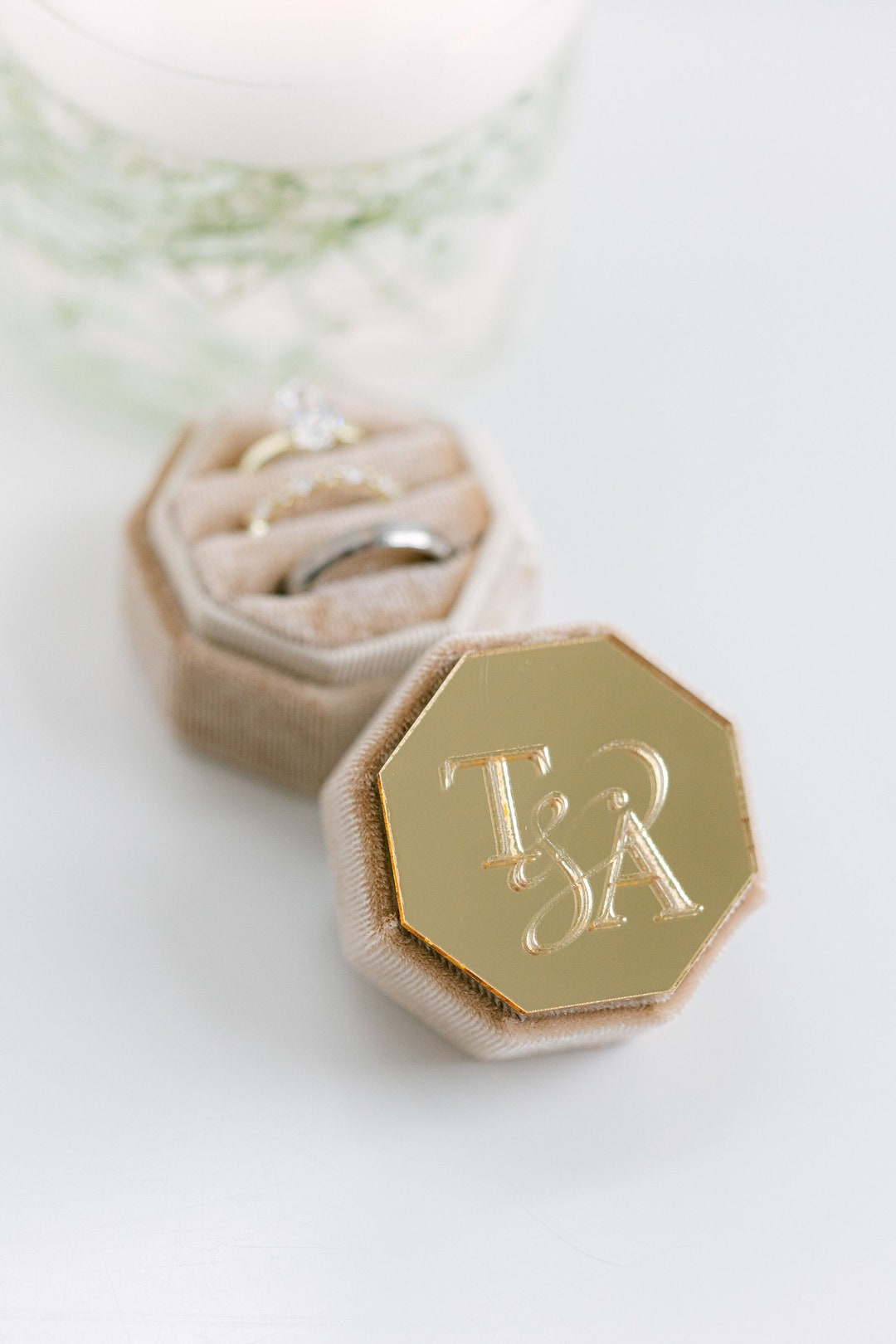 Engraved Gold Mirror Octagon Velvet Ring Box | Custom Wedding Ring Box ...