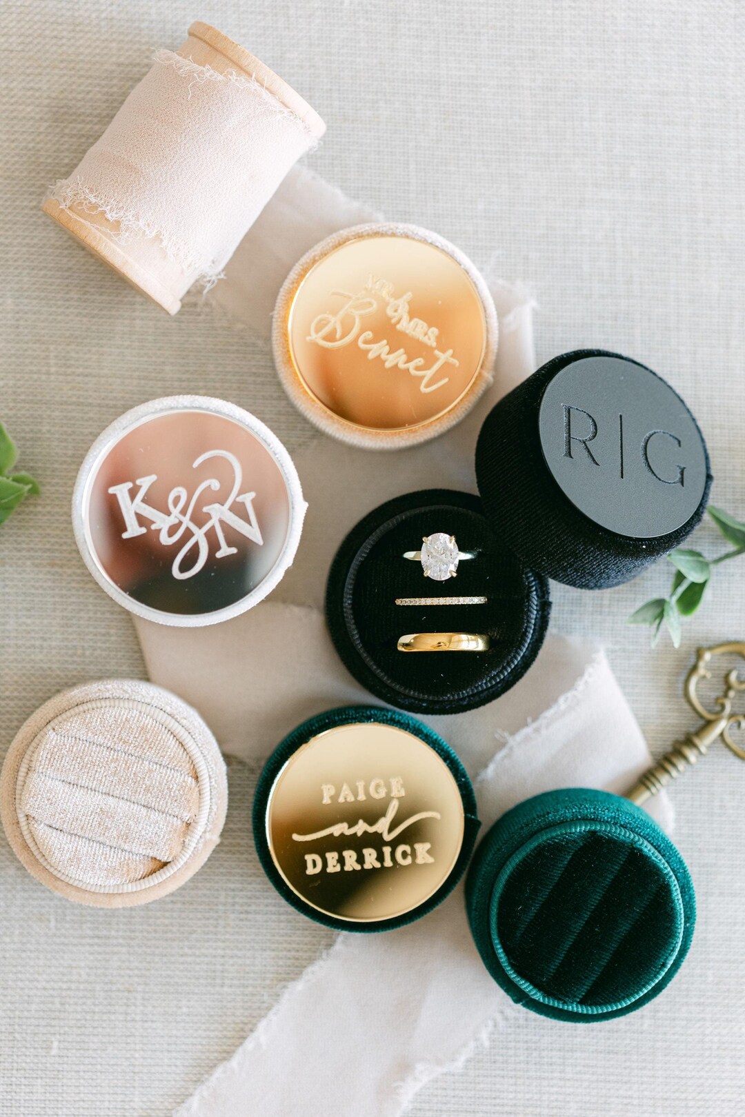 Engraved Triple Slot Circle Mirror Velvet Ring Box | Custom Wedding ...