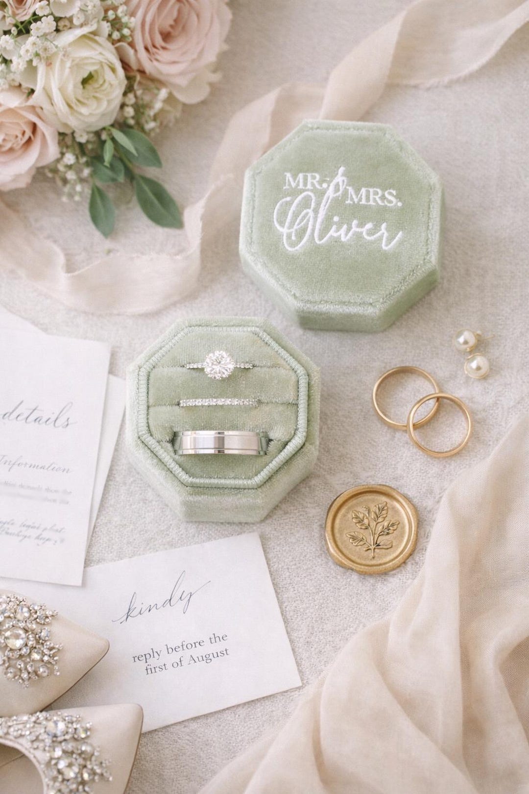 Triple Slot Octagon Velvet Ring Box | Custom Wedding Ring Box ...